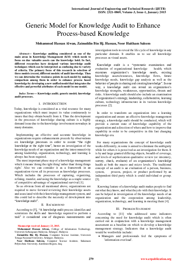 (PDF) Generic Model for Knowledge Audit to Enhance Process-based Knowledge
