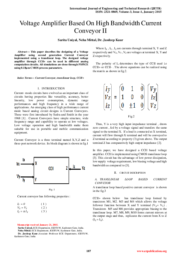 (PDF) Voltage Amplifier Based On High Bandwidth Current Conveyor II