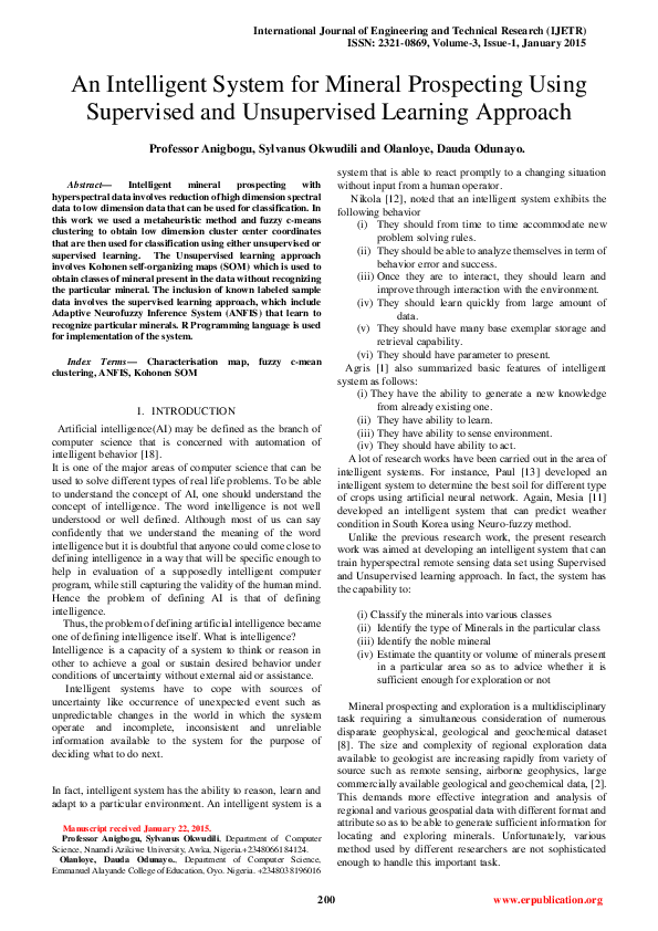 (PDF) An Intelligent System for Mineral Prospecting Using Supervised and Unsupervised Learning ...