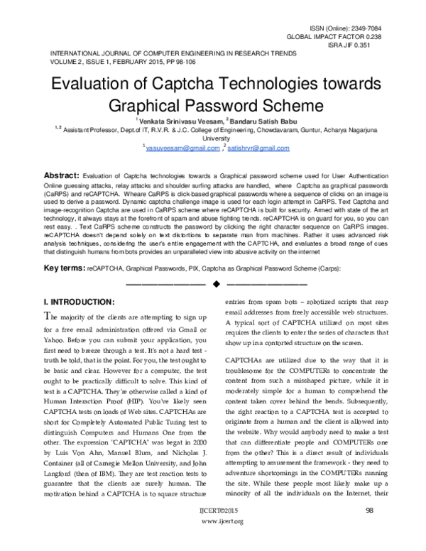 Pdf Evaluation Of Captcha Technologies Towards Graphical Password Scheme