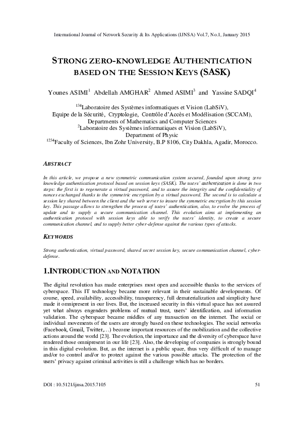 (PDF) Strong Zero-Knowledge Authentication Based on the Session Keys (SASK)