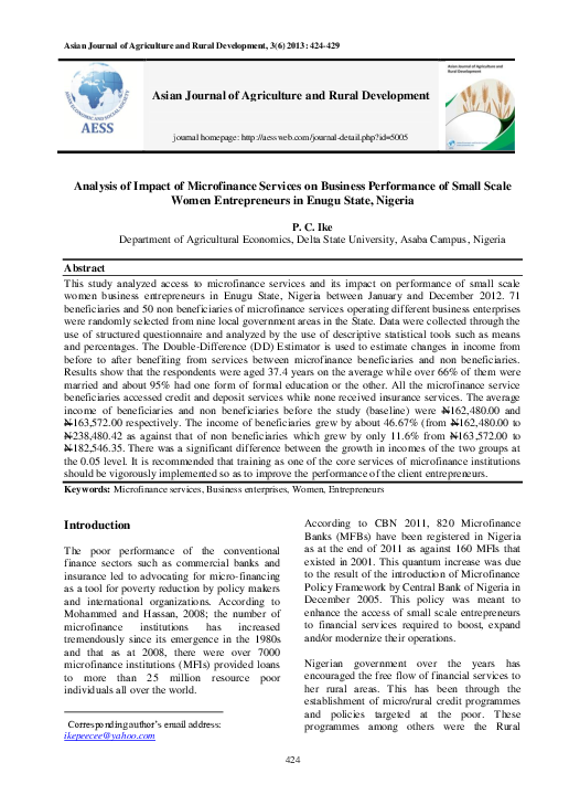 (PDF) Analysis of Impact of Microfinance Services on Business Performance of Small Scale Women ...