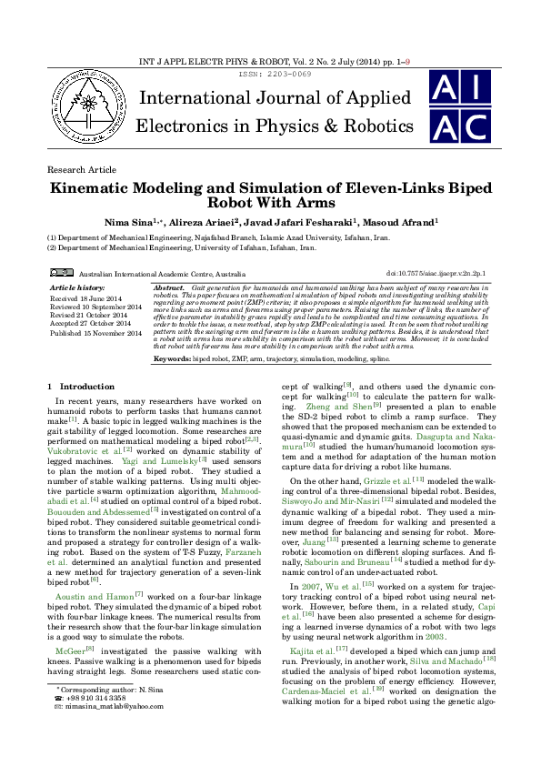 (PDF) Kinematic Modeling and Simulation of Eleven-Links Biped Robot With Arms