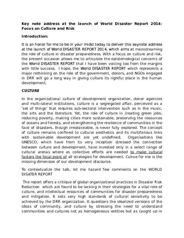 (DOC) Key Note Address on the launch of World Disaster Report 2014 ...