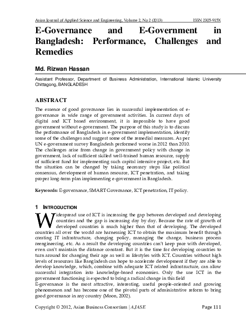 (PDF) E-Governance and E-Government in Bangladesh: Performance ...