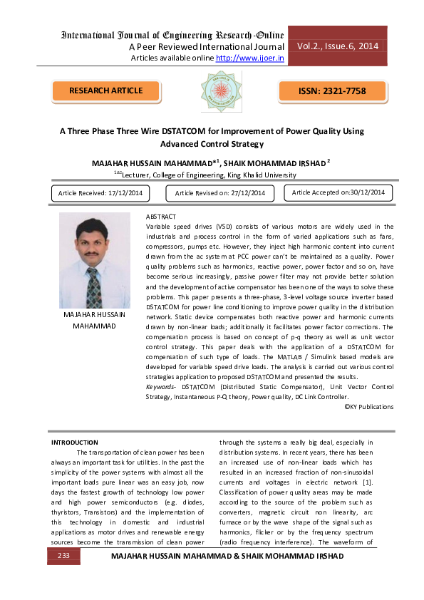 Pdf A Three Phase Three Wire Dstatcom For Improvement Of Power Quality Using Advanced Control