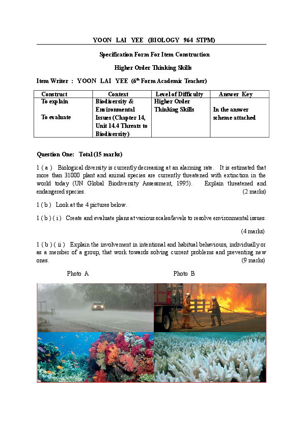 (DOC) Higher Order Thinking Questions on Biodiversity