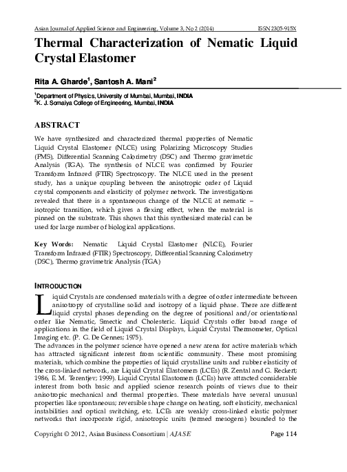 (PDF) Thermal Characterization of Nematic Liquid Crystal Elastomer (PDF) Thermal Characterization of Nematic Liquid Crystal Elastomer