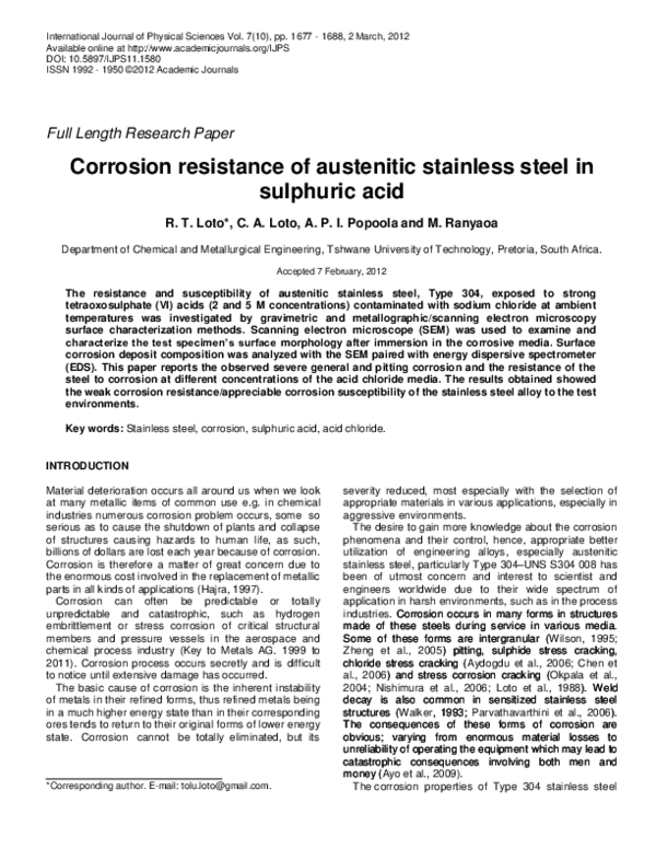(PDF) Corrosion resistance of austenitic stainless steel in sulphuric acid