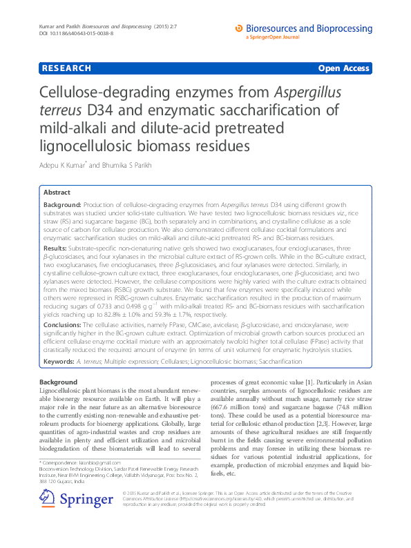 (PDF) Cellulose-degrading enzymes from Aspergillus terreus D34 and enzymatic saccharification of ...