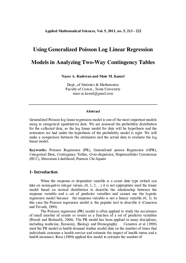(PDF) البحث الثاني 2011Using Generalized Poisson log Linear Regression Models in Analyzing Two ...