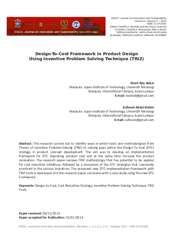 Pdf Design To Cost Framework In Product Design Using Inventive Problem Solving Technique Triz 