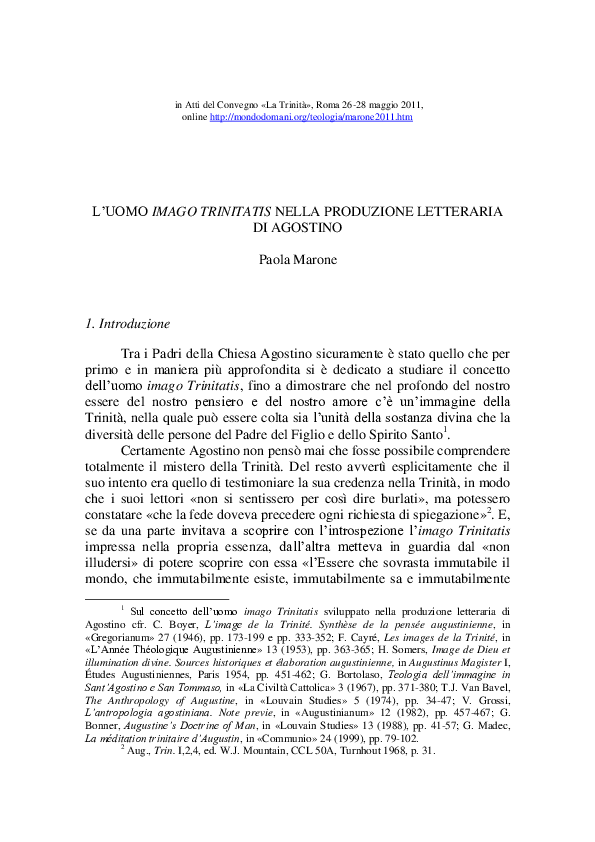 (PDF) L’uomo “imago Trinitatis” nella produzione letteraria di Agostino ...