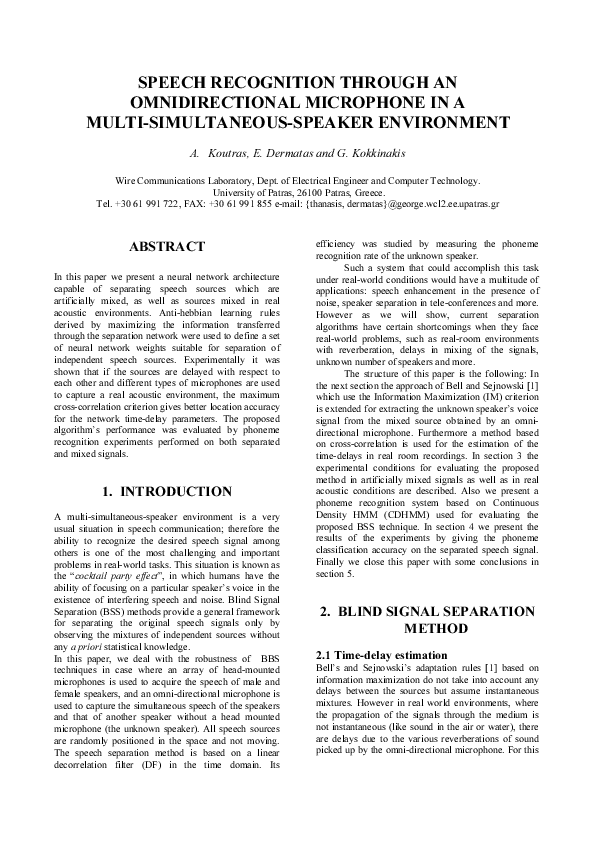(PDF) Speech recognition in a real room and multi-simultaneous-speaker environment