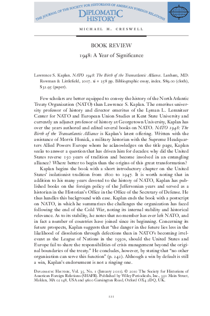 (PDF) Review of Lawrence S. Kaplan. NATO 1948: The Birth of the ...