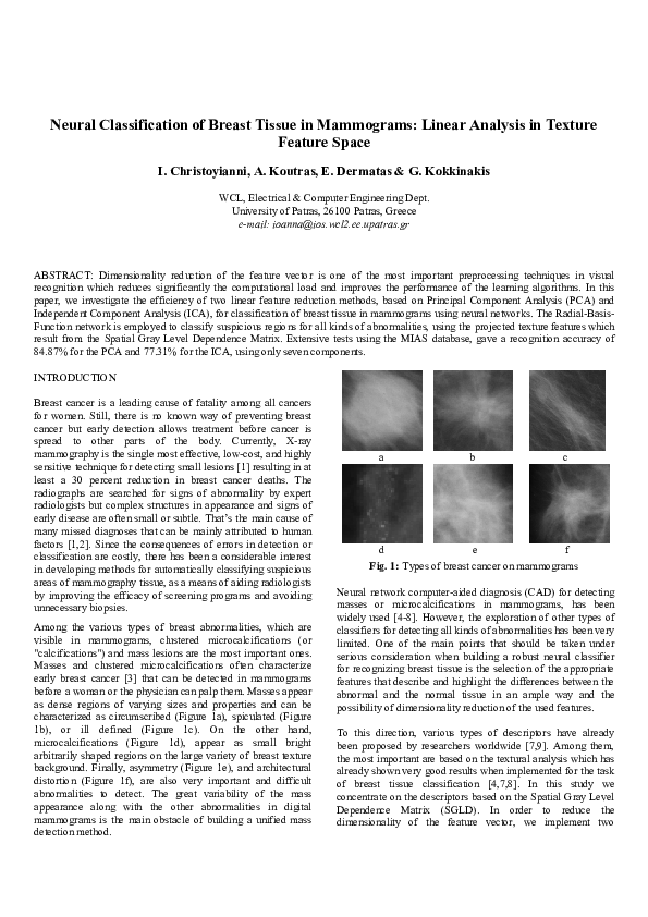 Pdf Neural Classification Of Breast Tissue In Mammograms Linear Analysis In Texture Feature Space