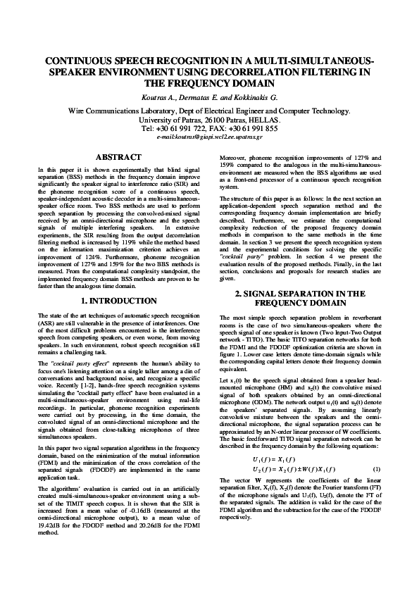 Pdf Continuous Speech Recognition In A Multi Simultaneous Speaker