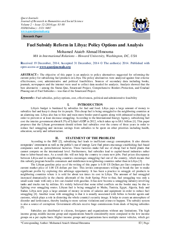 (PDF) Fuel Subsidy Reform in Libya Policy Options and Analysis