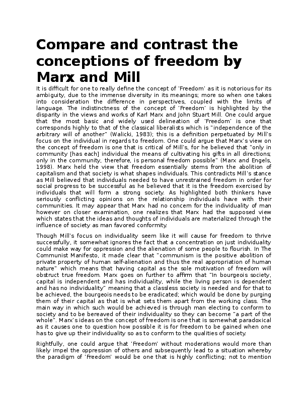 (DOC) Compare and contrast the conceptions of freedom by Marx and Mill