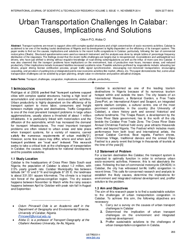 (PDF) Urban Transportation Challenges In Calabar: Causes, Implications ...