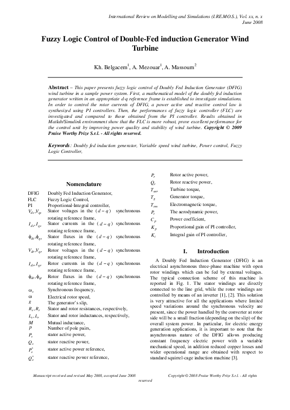 (PDF) Fuzzy Logic Control of Double-Fed induction Generator Wind Turbine