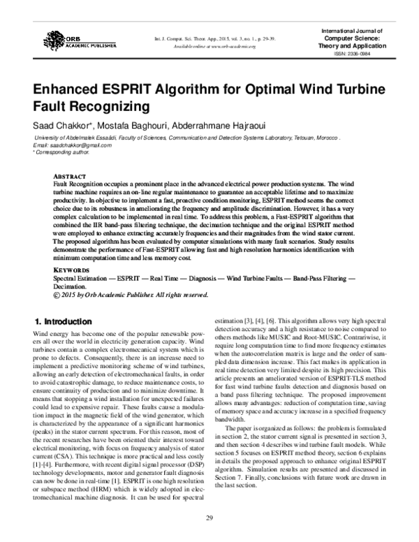 Pdf Enhanced Esprit Algorithm For Optimal Wind Turbine Fault Recognizing