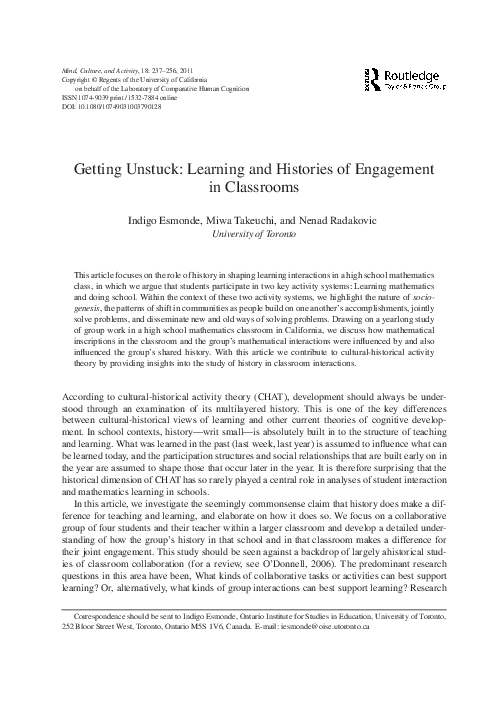 (PDF) Getting Unstuck: Learning and Histories of Engagement in Classrooms