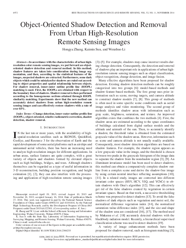 Pdf Object Oriented Shadow Detection And Removal From Urban High