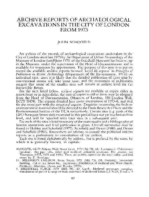 'Archive reports of archaeological excavations in the City of London ...