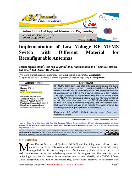 Pdf Implementation Of Low Voltage Rf Mems Switch With Different