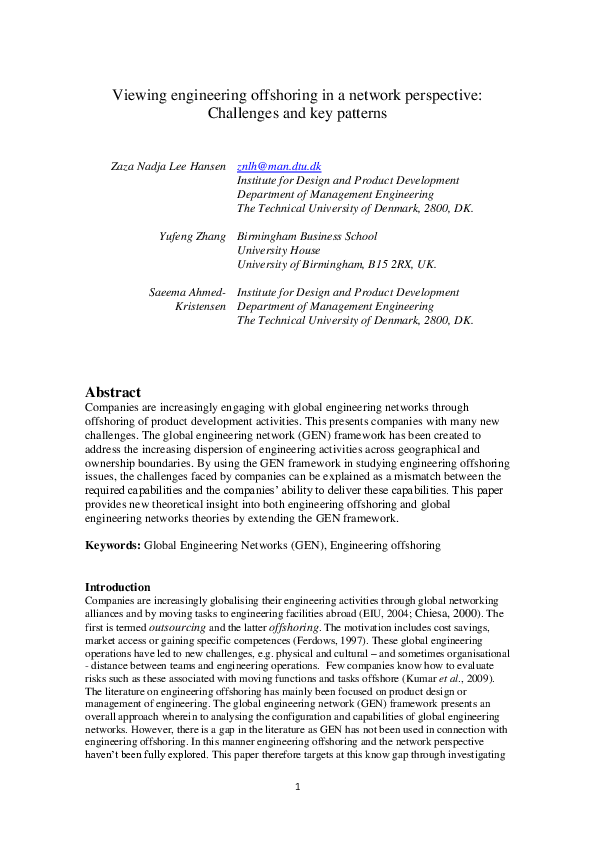 (PDF) Viewing engineering offshoring in a network perspective: Challenges and key patterns ...