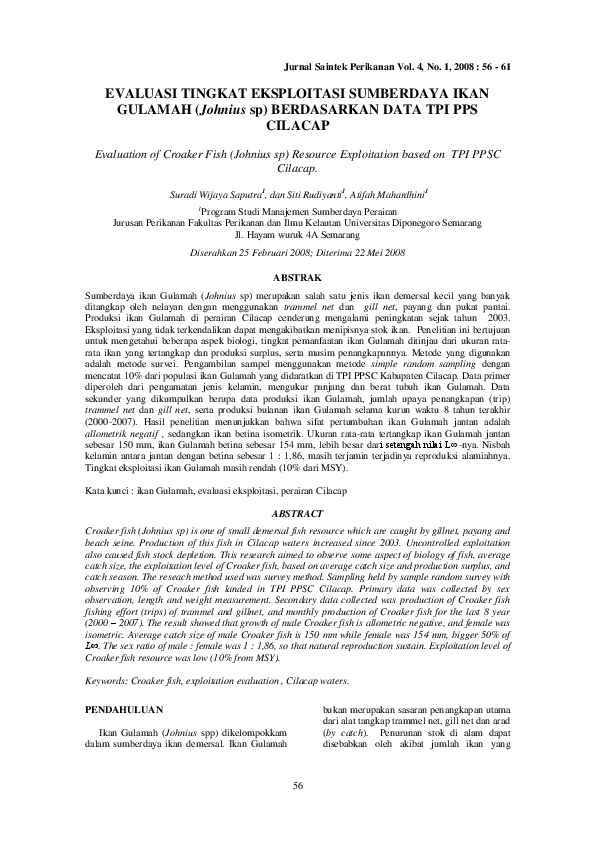 (PDF) EVALUASI TINGKAT EKSPLOITASI SUMBERDAYA IKAN GULAMAH (Johnius sp ...