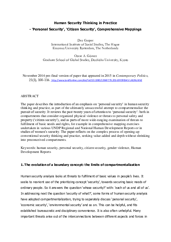 (PDF) Human security thinking in practice: ‘personal security ...