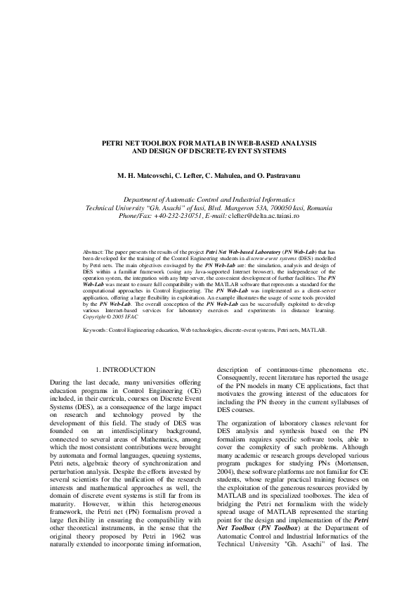 (PDF) PETRI NET TOOLBOX FOR MATLAB IN WEB-BASED ANALYSIS AND DESIGN OF DISCRETE-EVENT SYSTEMS