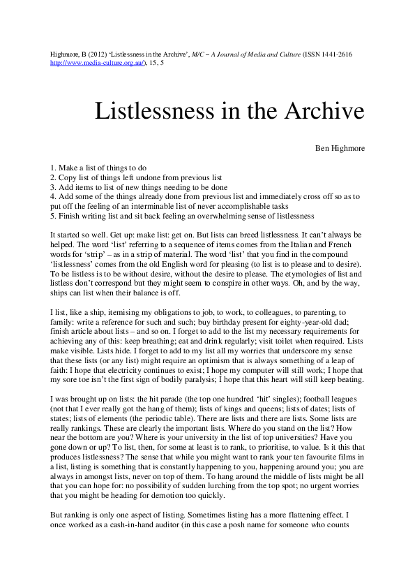 (PDF) Listlessness in the Archive