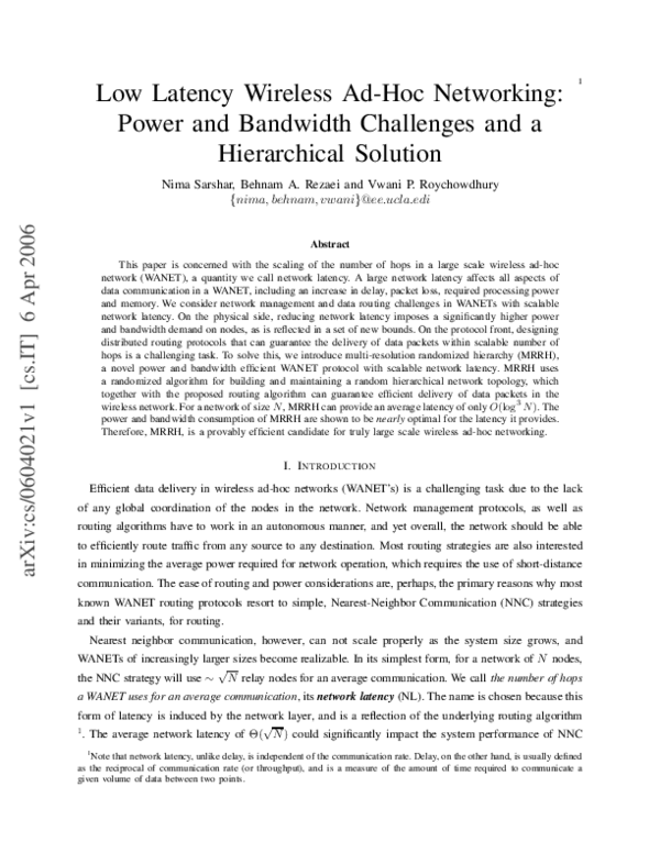Pdf Low Latency Wireless Ad Hoc Networking Power And Bandwidth Challenges And A Hierarchical