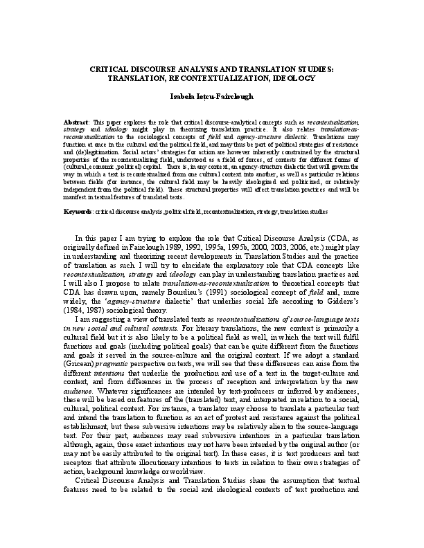 (PDF) CRITICAL DISCOURSE ANALYSIS AND TRANSLATION STUDIES: TRANSLATION ...