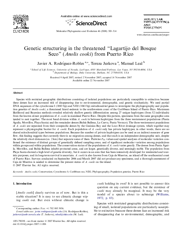 (PDF) Genetic structuring in the threatened “Lagartijo del Bosque Seco ...