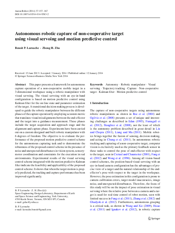 Pdf Autonomous Robotic Capture Of Non Cooperative Target Using Visual