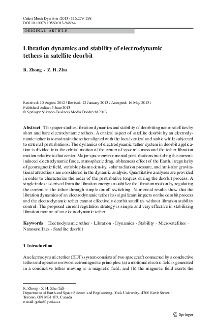 (PDF) Libration dynamics and stability of electrodynamic tethers in satellite deorbit