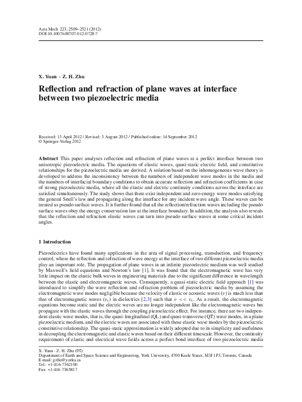 Pdf Reflection And Refraction Of Plane Waves At Interface Between Two