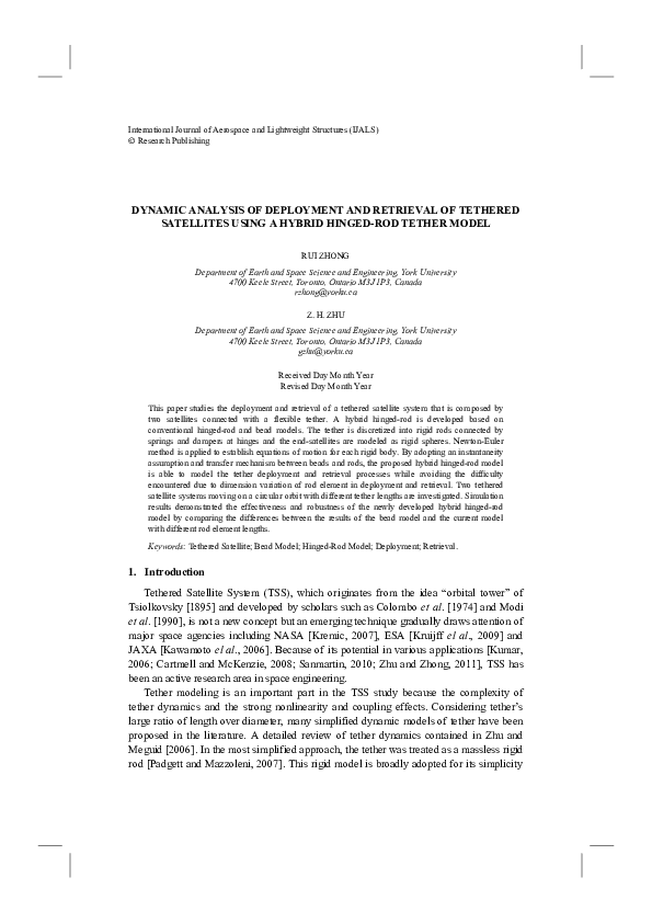 (PDF) Dynamic analysis of deployment and retrieval of tethered ...