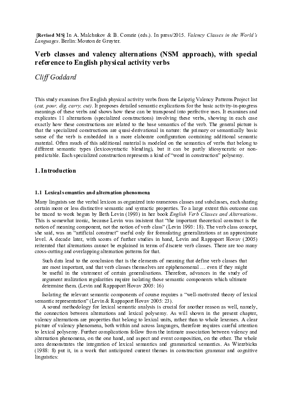 (PDF) Verb classes and valency alternations (NSM approach), with ...