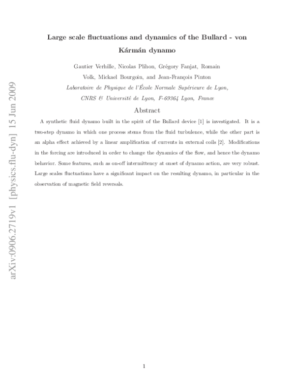 (PDF) Large scale fluctuations and dynamics of the Bullard - von K\'arm\'an dynamo | Mickael ...