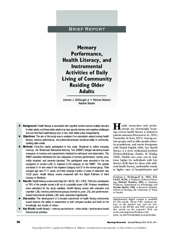 (PDF) Memory Performance, Health Literacy, and Instrumental Activities of Daily Living of ...