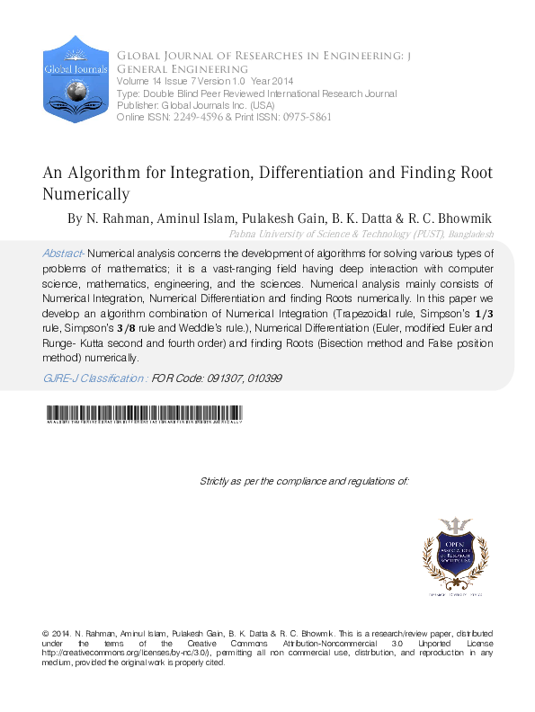 (PDF) An Algorithm for Integration, Differentiation and finding Root Numerically