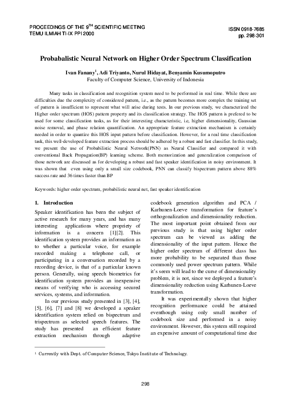 (PDF) Probabalistic Neural Network on Higher Order Spectrum Classification