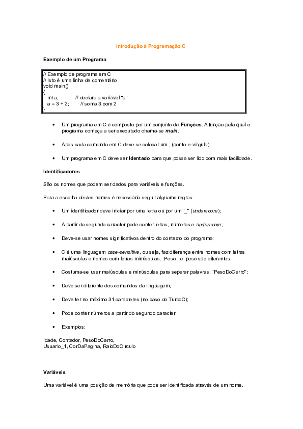 (DOC) Introdução à Programação C Exemplo de um Programa