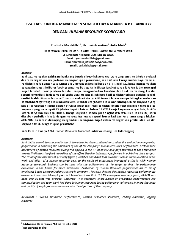 (PDF) EVALUASI KINERJA MANAJEMEN SUMBER DAYA MANUSIA PT. BANK XYZ DENGAN HUMAN RESOURCE SCORECARD