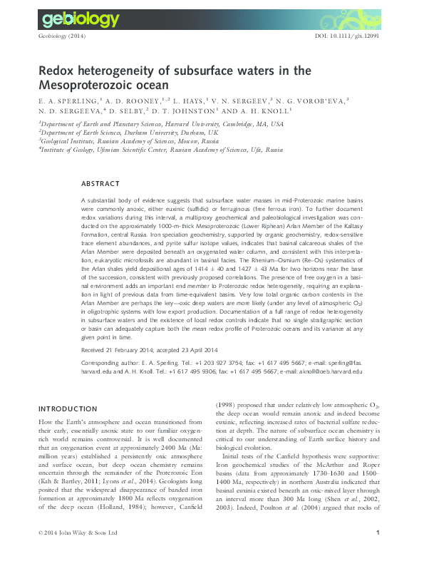 (PDF) Redox heterogeneity of subsurface waters in the Mesoproterozoic ocean
